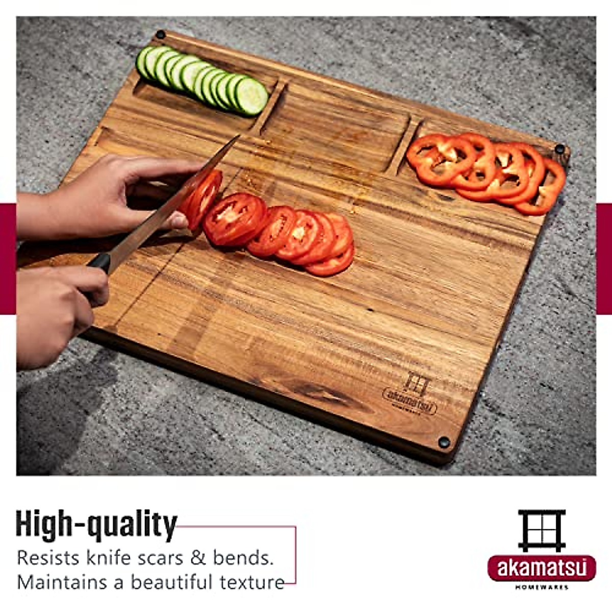 AKAMATSU HOMEWARES | RYOKAN Acacia Wood Cutting Board | Edge Grain XL Cutting Board with Deep Juice Well | 17x13.2x1" Charcuterie Board Serving Platter with Sorting Compartments | Sustainable Gift Box