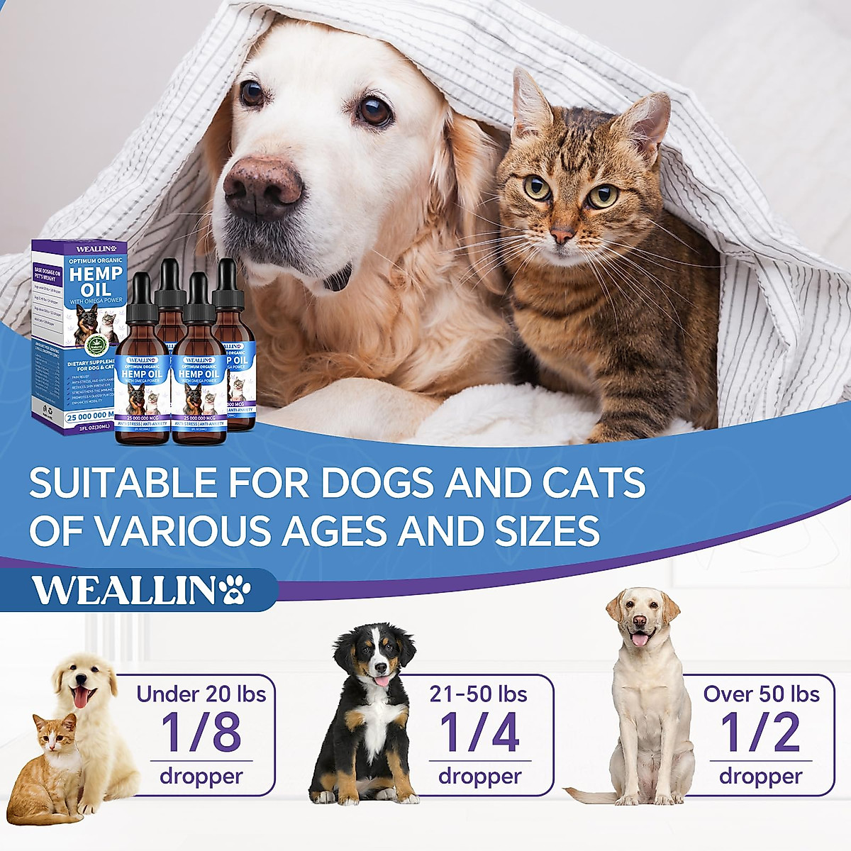 WEALLIN Hemp Oil for Dogs and Cats - Omega-3, 6, 9 Rich Organic Extract - Eases Pet Anxiety, Pain, Skin & Coat Health - Stress Relief, Hip & Joint Support - Calming Treats (4 Pack)