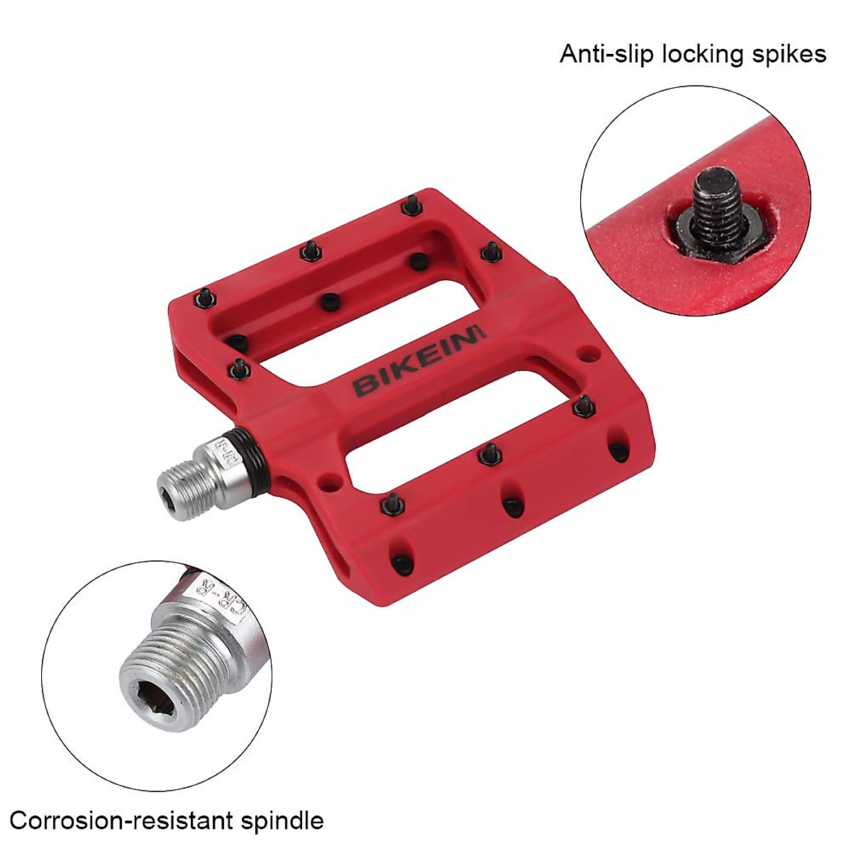 BIKEIN PRO MTB Bike Pedals Nylon Fiber Non-Slip 9/16 Inch Bicycle Platform Flat Pedals for Road Mountain BMX Bike Red