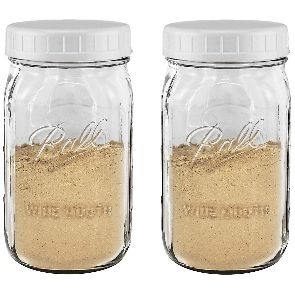 EASY-BUSY Kitchen Combo of Ball 32 oz.-Quart Clear Glass Mason Canning Jar, With EB White Food Storage Plastic Lids Set of 2, Wide Mouth Caps fit WM Ball & Kerr jars & Containers, Reusable, BPA Free,