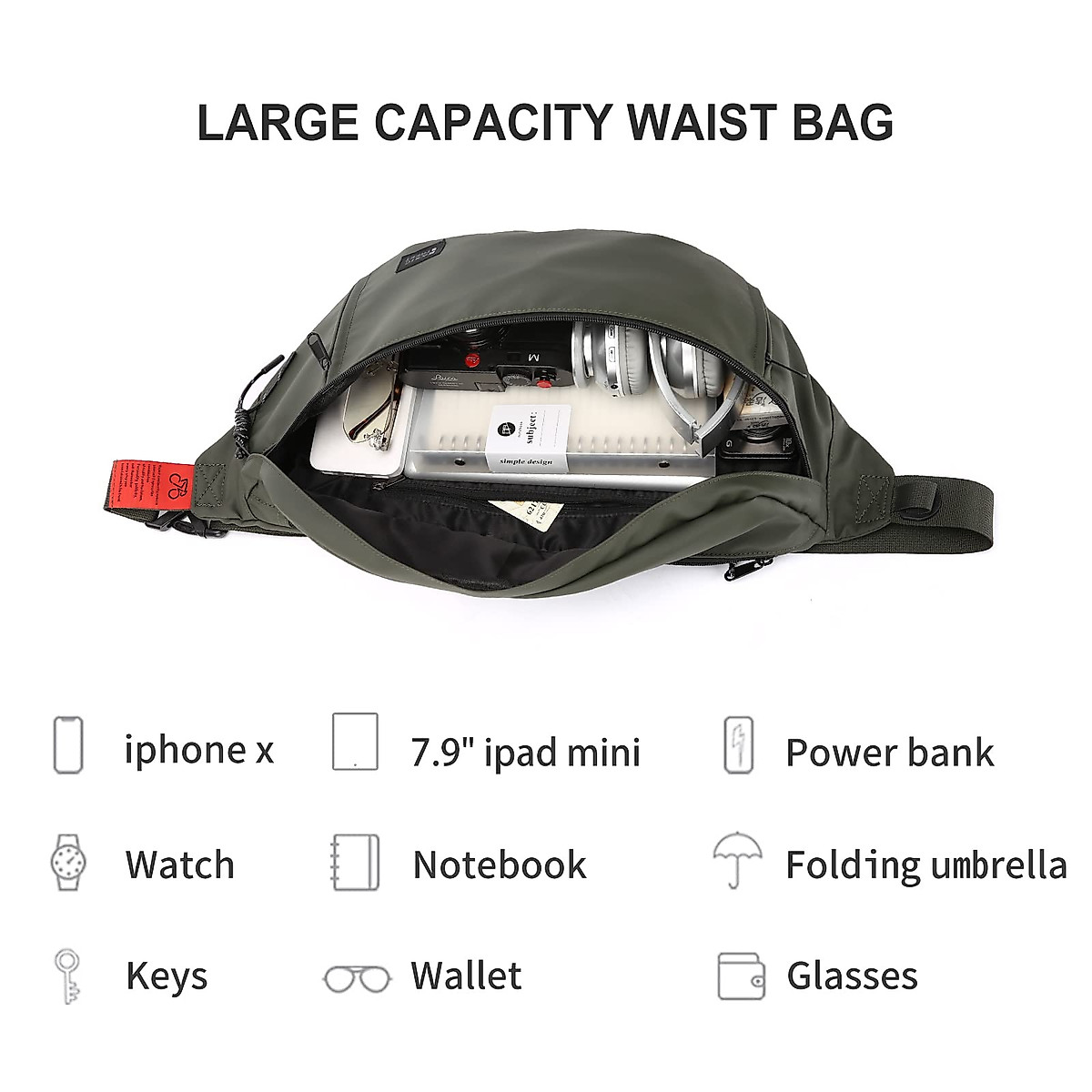 Large Crossbody Fanny Pack for Women Men,Waterproof Waist Bag Pack with Adjustable Strap & 5-Zipper Pockets,Green