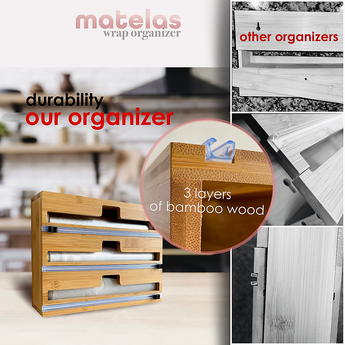 3 in 1 Bamboo Wrap Dispenser with Cutter and Labels, Wax Paper, Foil and Plastic Wrap Organizer Dispenser for Kitchen Drawer or Wall Mounted, Roll Holder, Compatible with 12" Roll [matelas]