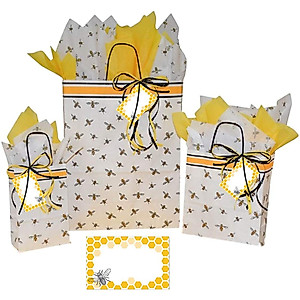 Gift Bags with Match Tissue Paper Tags and Raffia Ribbon - 3 Total Assorted Sizes (BEE)