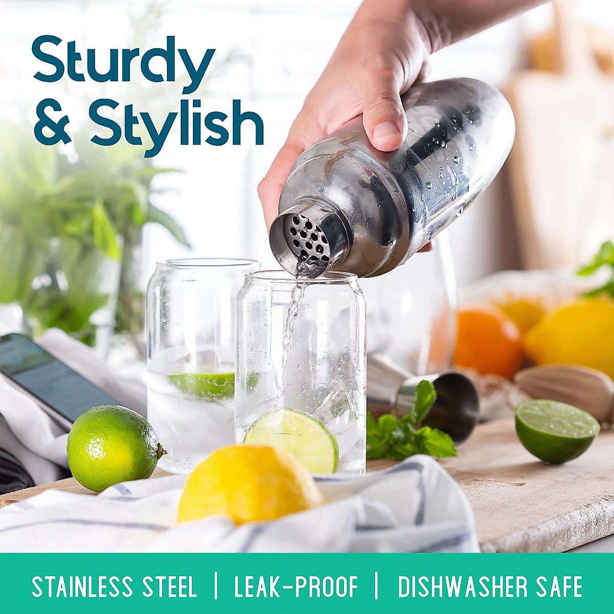 Mixology Bartender Kit with Stand | Silver Bar Set Cocktail Shaker Set for Drink Mixing - Bar Tools: Martini Shaker, Jigger, Strainer, Bar Mixer Spoon, Tongs, Opener | New Bartender Gift Idea