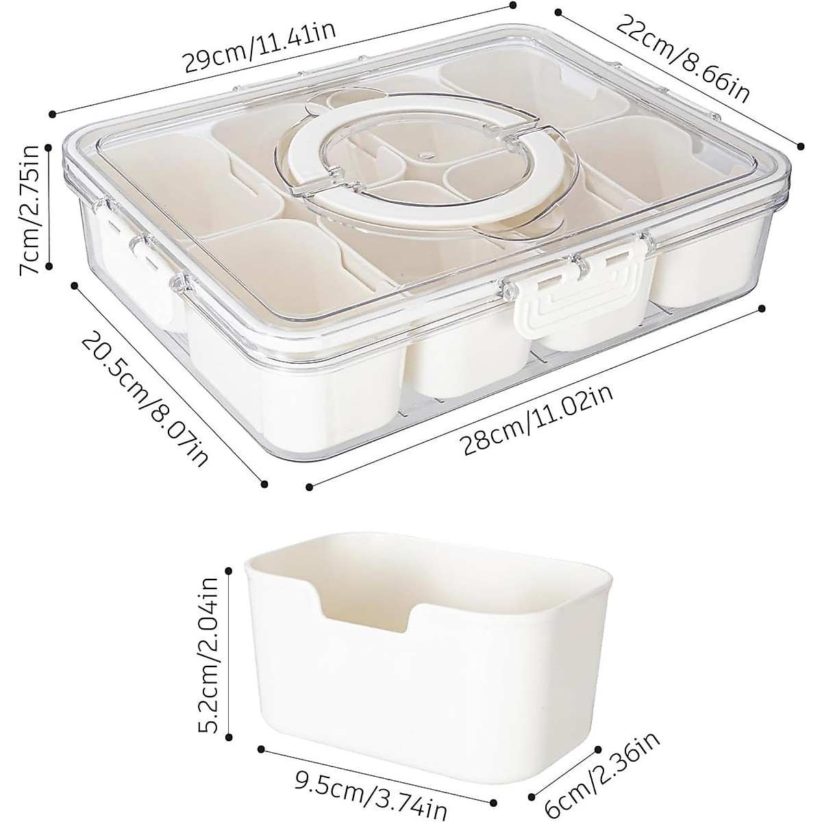 WACOI Divided Snack Serving Tray with Lid and Handle travel Snackle Box Charcuterie Container Portable Storage Organizer for Candy, Fruits, Nuts, Snacks 1Pack White