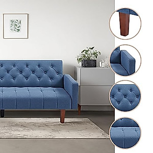 Fangflower Blue Tufted Back Sofa Bed Mid-Century Convertible Sleeper Futon with Tapered Wood Legs for Living Room Apartment Lounge