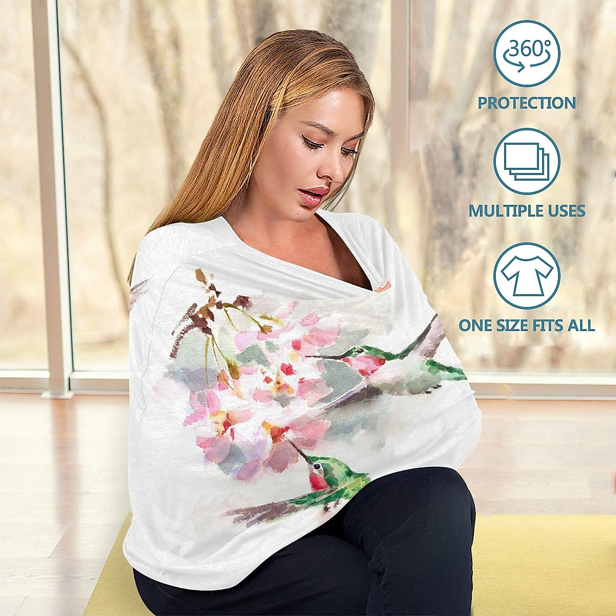 YYZZH Watercolor Bird Hummingbird Cherry Blossom Flower Stretchy Baby Car Seat Cover Infant Canopy Nursing Covers Breastfeeding Cover Breathable Windproof Winter Scarf for Boys Girls