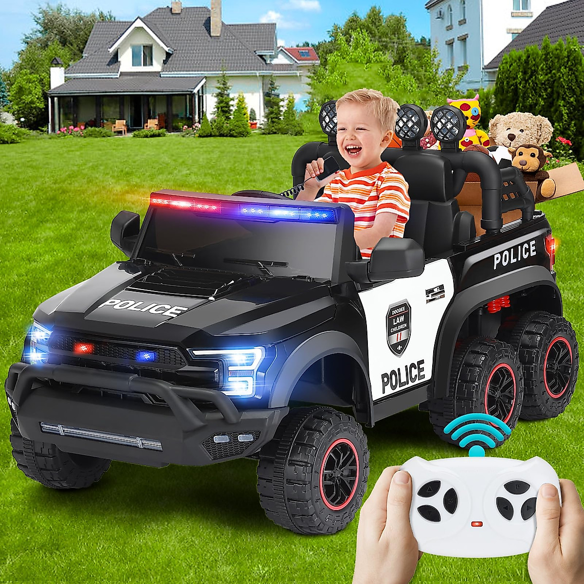 JOYLDIAS Kids Ride On Police Car, 12V Battery Powered Electric Cars W/2.4G Remote Control, 6 Wheels, Real Tailgate, Spring Suspension, LED Flashing Lights, Megaphone Siren Music & Horn Intercom