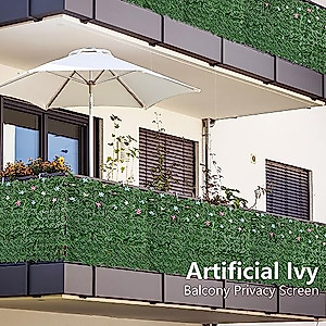 OUSHENG 118x39in Artificial Ivy Fence Privacy Screen Cover with Flowers, Faux Vines Leaf Covering Grass Wall Decoration for Outdoor Patio Balcony Apartment Backyard Deck Garden