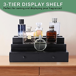 Boulphia Cologne Organizer for Men, 3-Tier Cologne Stand with Drawer and Hidden Compartment, Wooden Cologne Shelf for Perfume Display Holder, Great Gift for Men, Black
