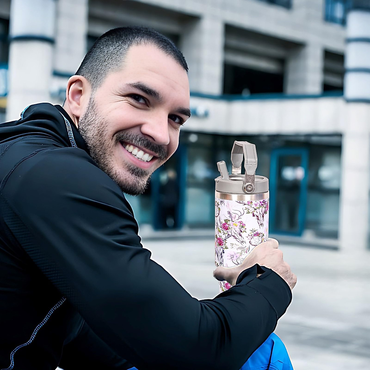 PRAGDUCT Cow Skull Tumbler with Handle and Lid Straw, 30 oz Stainless Steel Travel Mug for Hot and Cold Drinks, Mother's Day gift West Floral Design (White cow skull, 30OZ)