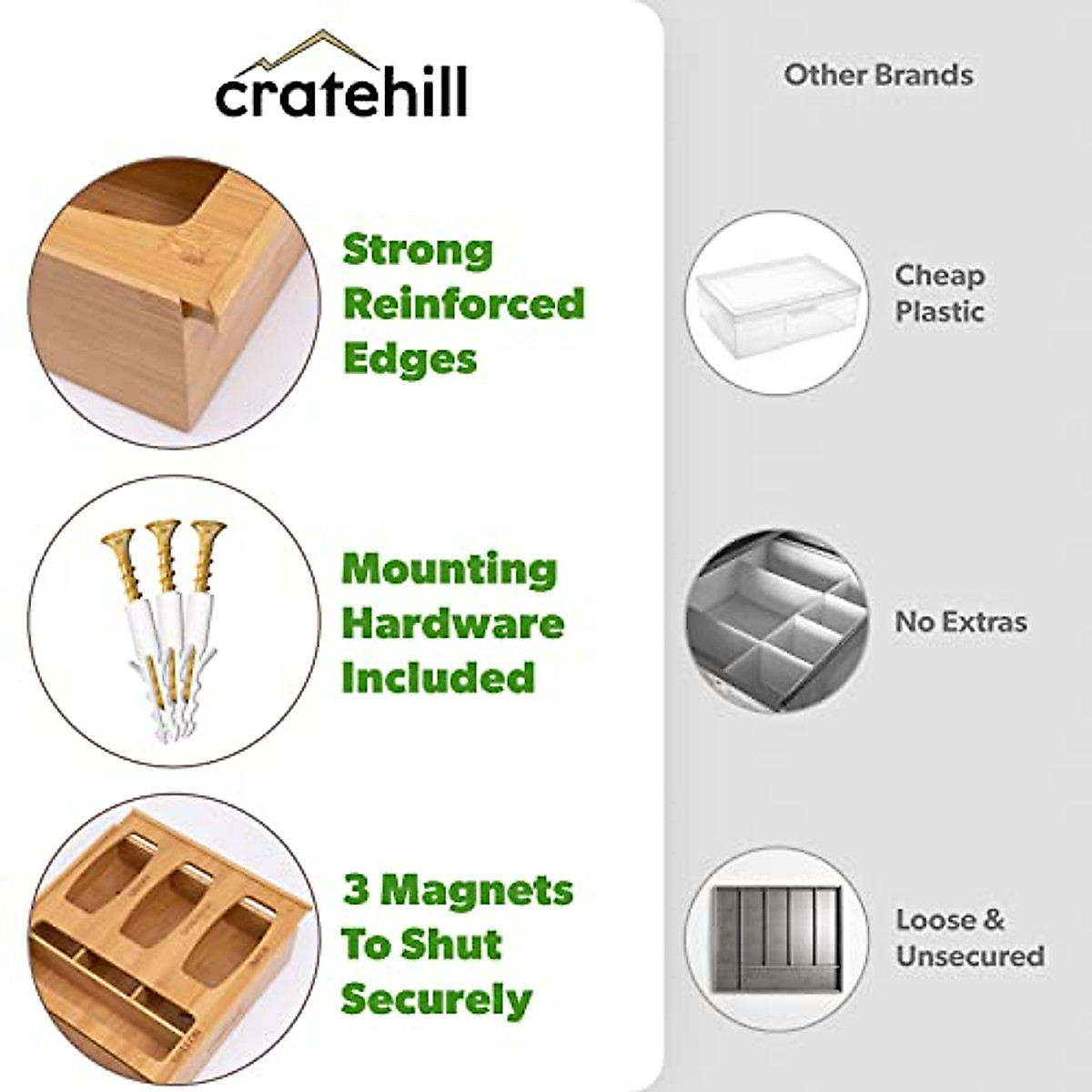 Bamboo Ziplock Bag Organizer for Drawer - Kitchen or Pantry Organizer Bag Holder for Food Storage Bags, Larger for Ziploc and Slider bags, Plastic Containers & Sandwich Bags (13x12x3in) Wall Mount