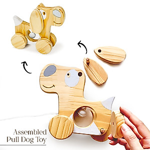 Handreamy Handmade Wooden Pull Dog Toy | Award Winning Puppy Birthday Gift for Toddlers Push and Pull Toy | Easy Push and Pull Wooden Wheel Dog Toy for Kids Children Gift