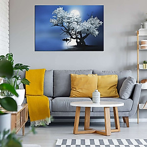 Startonight Canvas Wall Art Decor Flower Tree and Moon Blue Print for Bedroom 24" x 36"