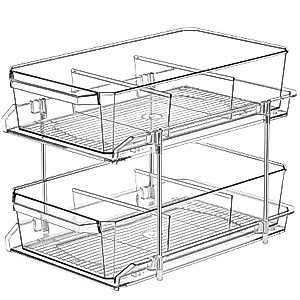2 Tier Clear Organizer with Dividers, Multi-Purpose Slide-Out Storage Container, Bathroom Vanity Counter Organizing Tray, Under Sink Closet Organization, Kitchen Pantry Medicine Cabniet Storage Bins