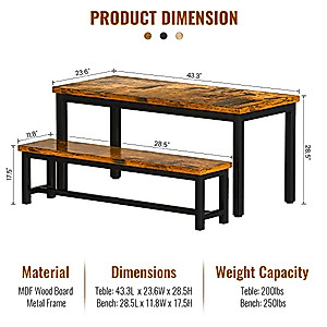 AWQM Dining Room Table Set, Kitchen Table Set with 2 Benches, Ideal for Home, Kitchen and Dining Room, Breakfast Table of 43.3x23.6x28.5 inches, Benches of 38.5x11.8x17.5 inches, Industrial Brown