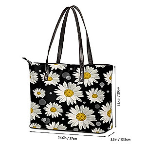 Leather Tote Shoulder Bags for Womens Flower Floral Daisy Handbags Large Capacity with Zipper for Work Travel School Dating Lightweight Water Resistant Hobo Bag