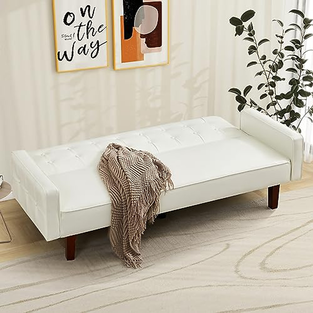 IULULU Futon Sofa Bed, Modern Convertible Faux Leather Sleeper Couch with Armrests for Studio, Office, Apartment, Compact Living, Game Room, Overnight Guests, White