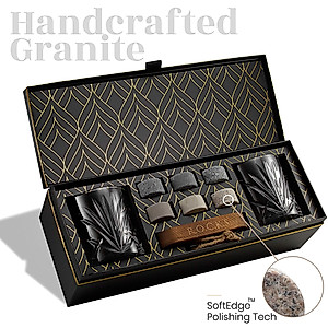 Whiskey Chilling Stones Gift Set - 6 Handcrafted Premium Granite Round Sipping Rocks - 2 Heavy Bourbon Glasses - Hardwood Presentation & Storage Tray - Elegant Gold Foil Gift Box by R.O.C.K.S.