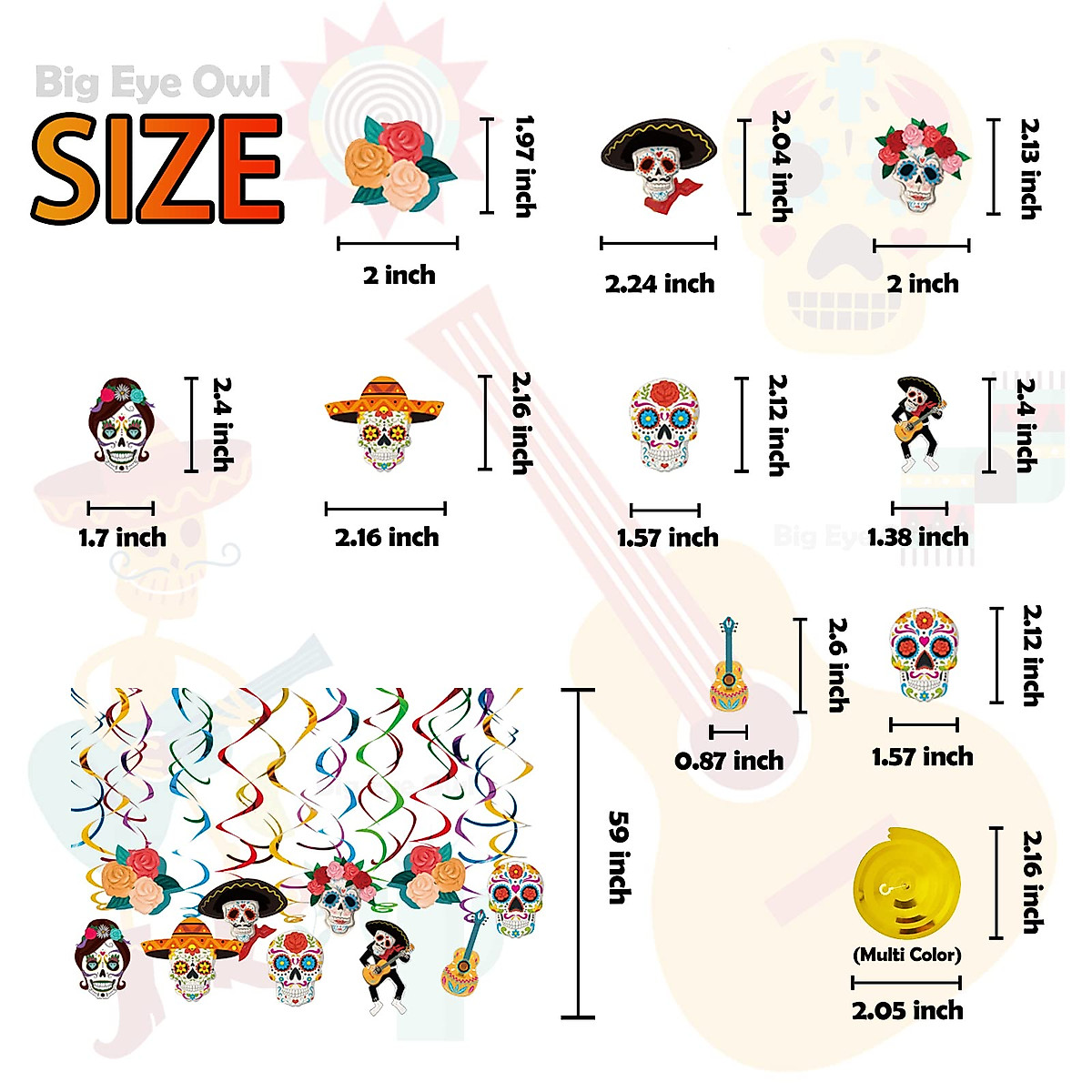 Day of the Dead Sugar Skull Hanging Swirl Decorations dia de los muertos Ceiling Streamers Party Decor Mexican Theme Party Supplies Skull Guitar Flower Halloween Baby Shower Set of 20