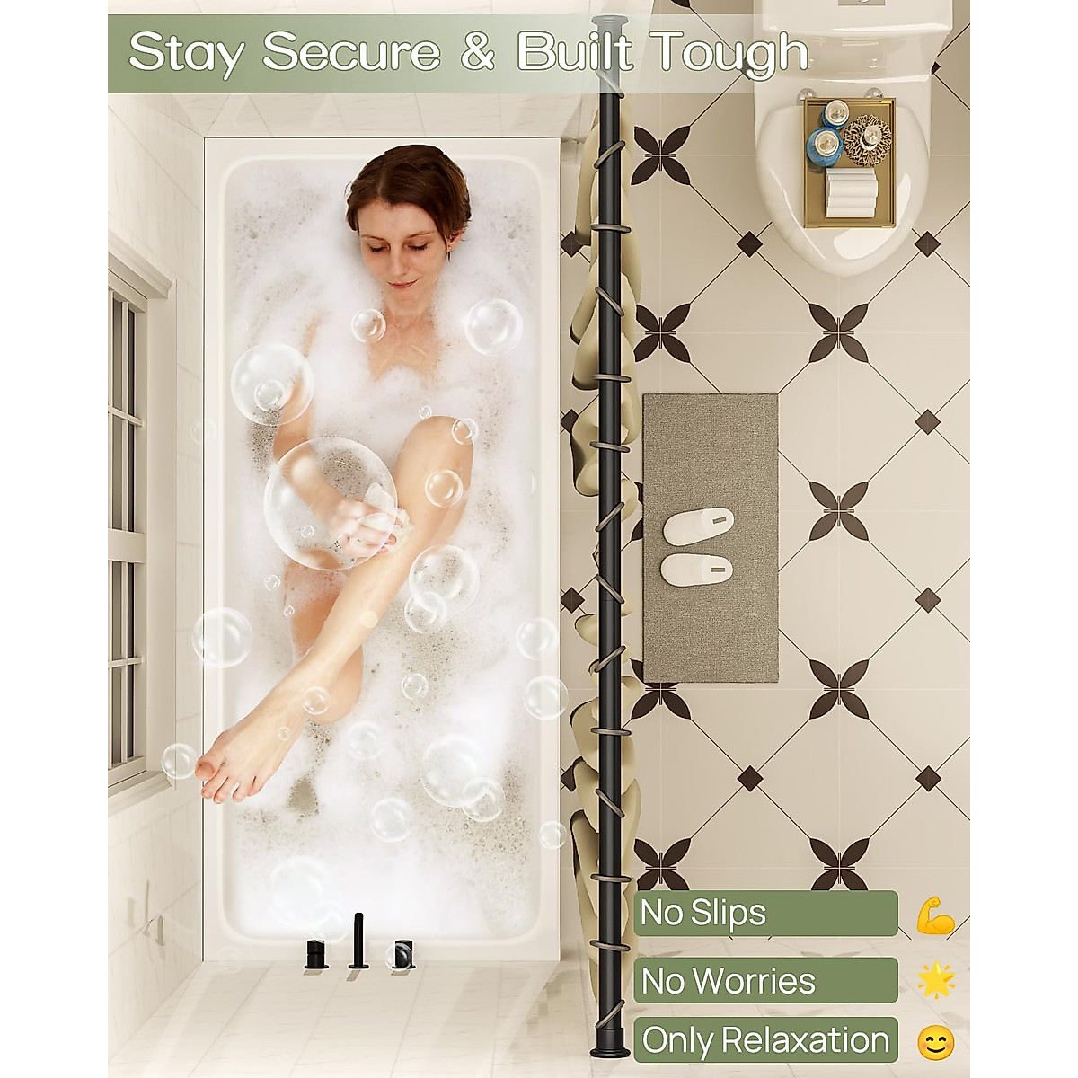 ALLZONE Heavy Duty Tension Shower Curtain Rod 42-83 Inches for Bathroom, Window, Non-Slip, Adjustable with Strong Spring Pole for Closet, Doorway, No Rust, No Drilling, Black