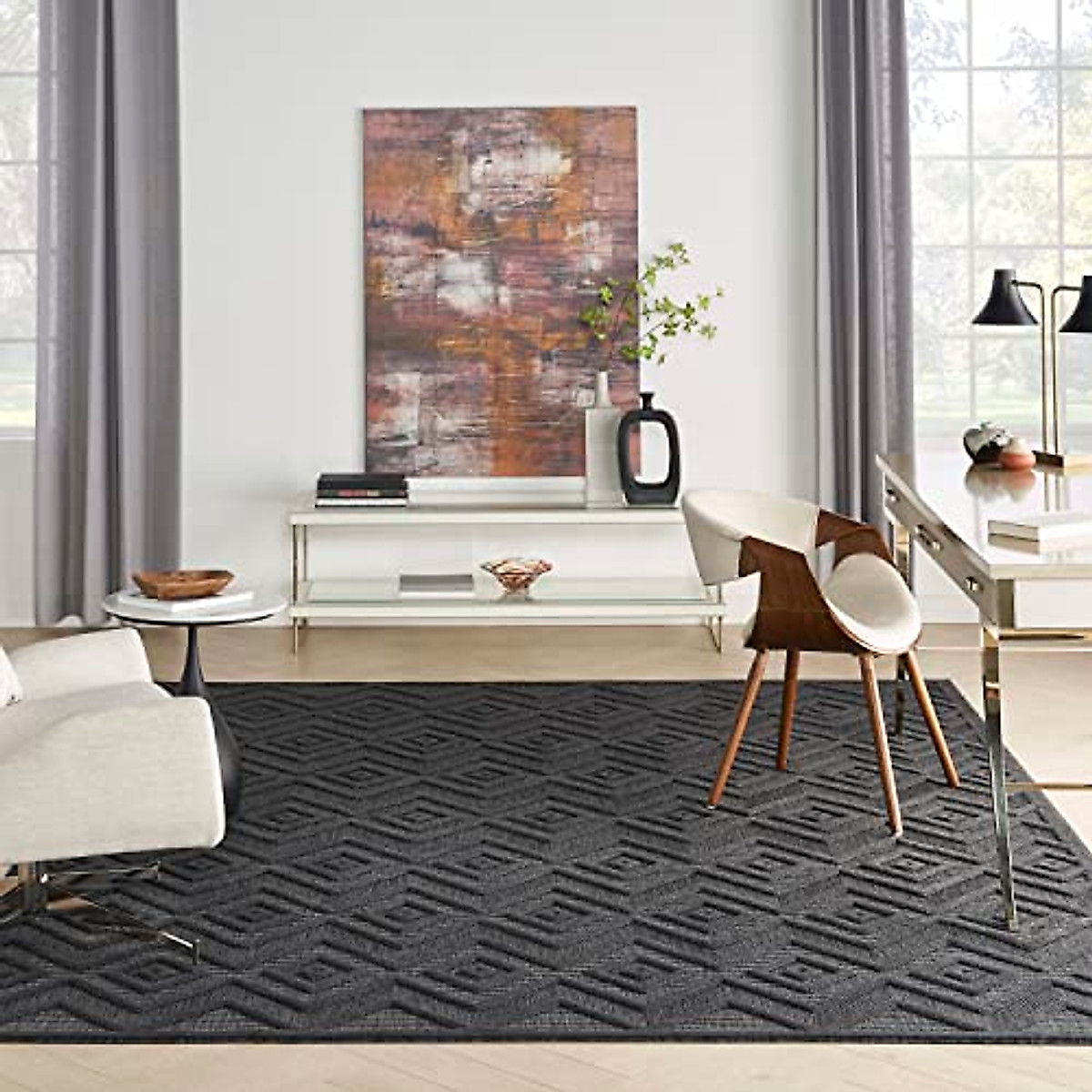 Nourison Versatile Indoor/Outdoor Charcoal/Black 7' x 10' Area-Rug, Easy-Cleaning, Non Shedding, Bed Room, Living Room, Dining Room, Kitchen (7x10)