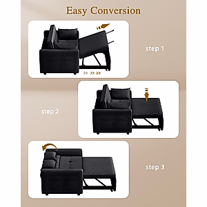 YITAHOME 55" Convertible Sofa Bed, Velvet Sleeper Sofa with Pull-Out Bed, 3-in-1 Futon Couch with Reclining Backrest and Side Pocket, Modern Loveseat for Living Room, Black, Full Size
