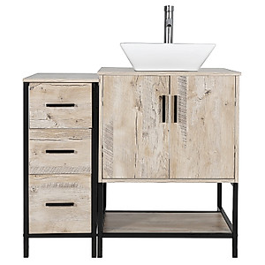 eclife 36" Bathroom Vanity Sink Combo Modern Metal Stand Cabinet W/Bottom Shelf & Storage Side Cabinet White Square Vessel Sink & Water Save Faucet & Pop Up Drain, Oak (A07)