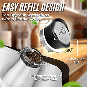 Flexzion Modern Salt and Pepper Shakers Set, Glass Canister Dispenser with Stainless Steel Sleeve and Black Lid for Spices, Sea/Kosher/Himalayan Salts and Pepper - Silver (Set of 2)