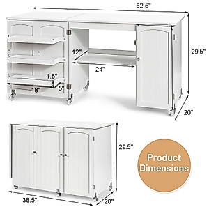 Giantex Folding Sewing Craft Table, 3 Storage Bins, Side Cabinet, Interior Shelf, Rolling Sewing Machine Cabinet Craft Station Desk with Lockable Wheels for Apartment Small Spaces, White