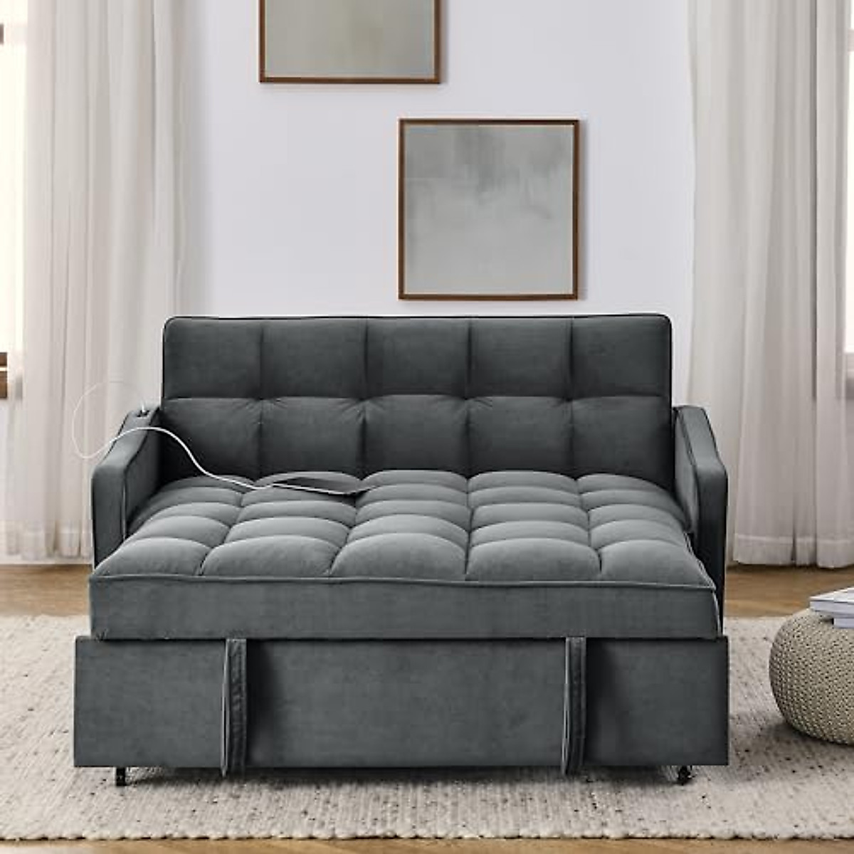 Upholstered Futon Loveseat Sofa Convertible to Sleeper Sofá Bed,Adjsutable Love Seat Chaise Lounge Couch Chair,Sofacama with Two Arm Pocket,Type C,USB Charging and Copper Nail for RV/Living Room
