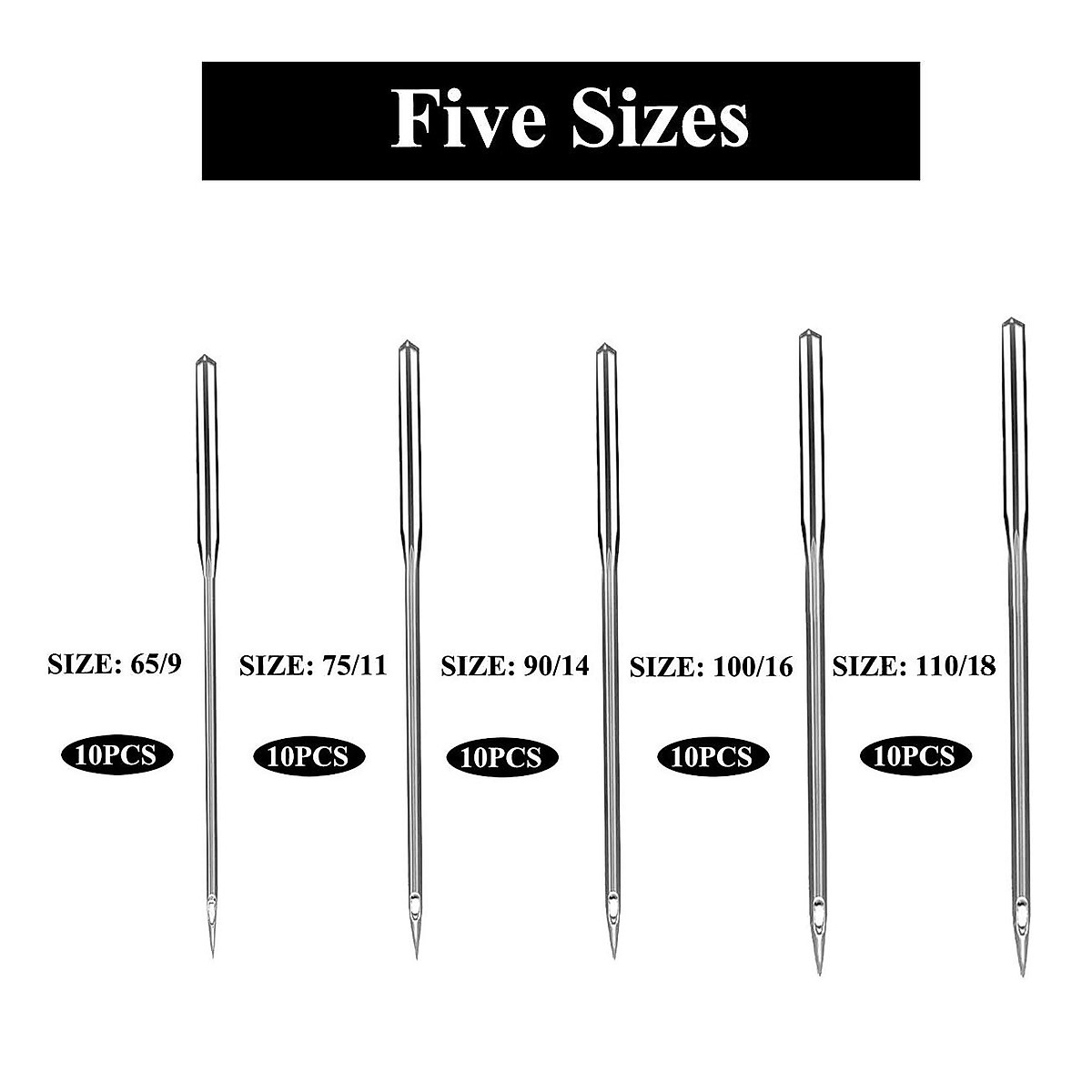 PECULA Sewing Machine Needles, 50 Count, Universal Regular Point for Singer, Brother, Janome, Varmax, Sizes HAX1 65/9, 75/11, 90/14, 100/16, 110/18