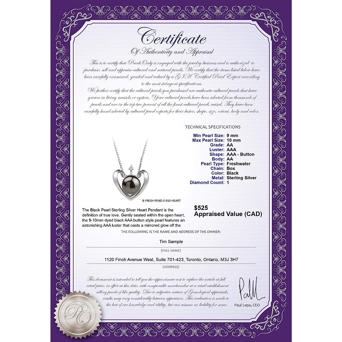 Heart Black 9-10mm AA Quality Freshwater 925 Sterling Silver Cultured Pearl Pendant For Women