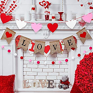 Valentines' Day Banner Set, Heart Shaped Holiday Felt Banner Valentine Burlap Banner Felt Ball Garland Colorful Pom Pom Garland for Party and Home Decoration (Love Theme)