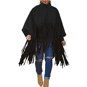 Lucuna Women Fall Winter Casual Sweatshirt Fringe Crop Top High Neck Long Sleeve Cape Coat Pullover Tops