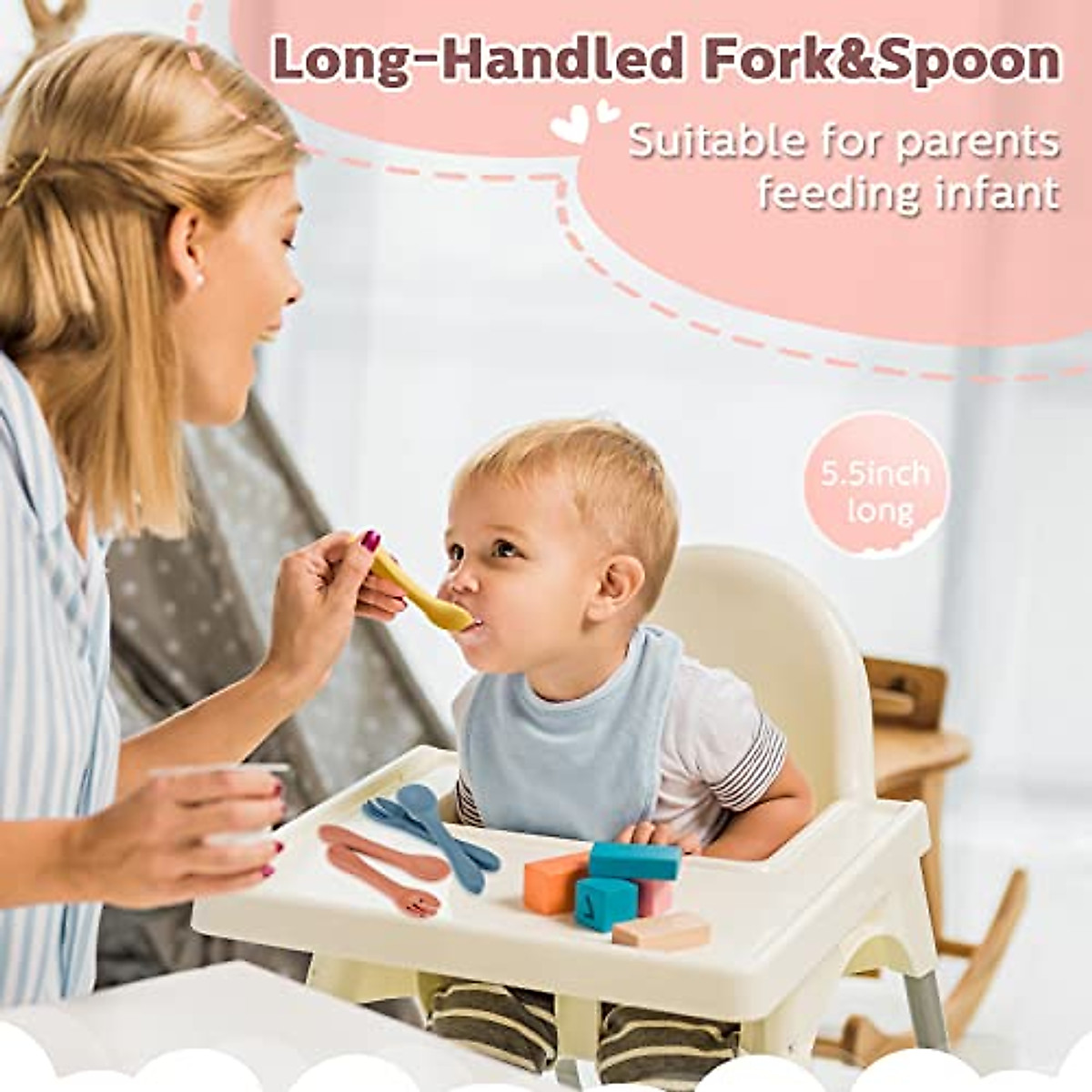 10 Pieces Baby Led Weaning Spoons and Forks Set Infant Silicone Spoon First Self Feed Baby training Utensils for Toddler First Stage Feeding Supplies for Kids Over 6 Months, 5 Pairs (Bright Colors)