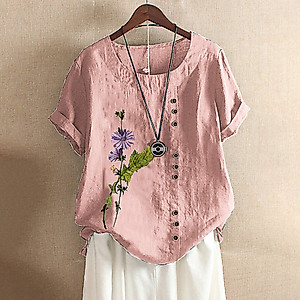 wodceeke Women's Flowers Printed Cotton and Linen T-shirt Short Sleeve Round Neck Button Tee Casual Loose Tops (Pink, XL)
