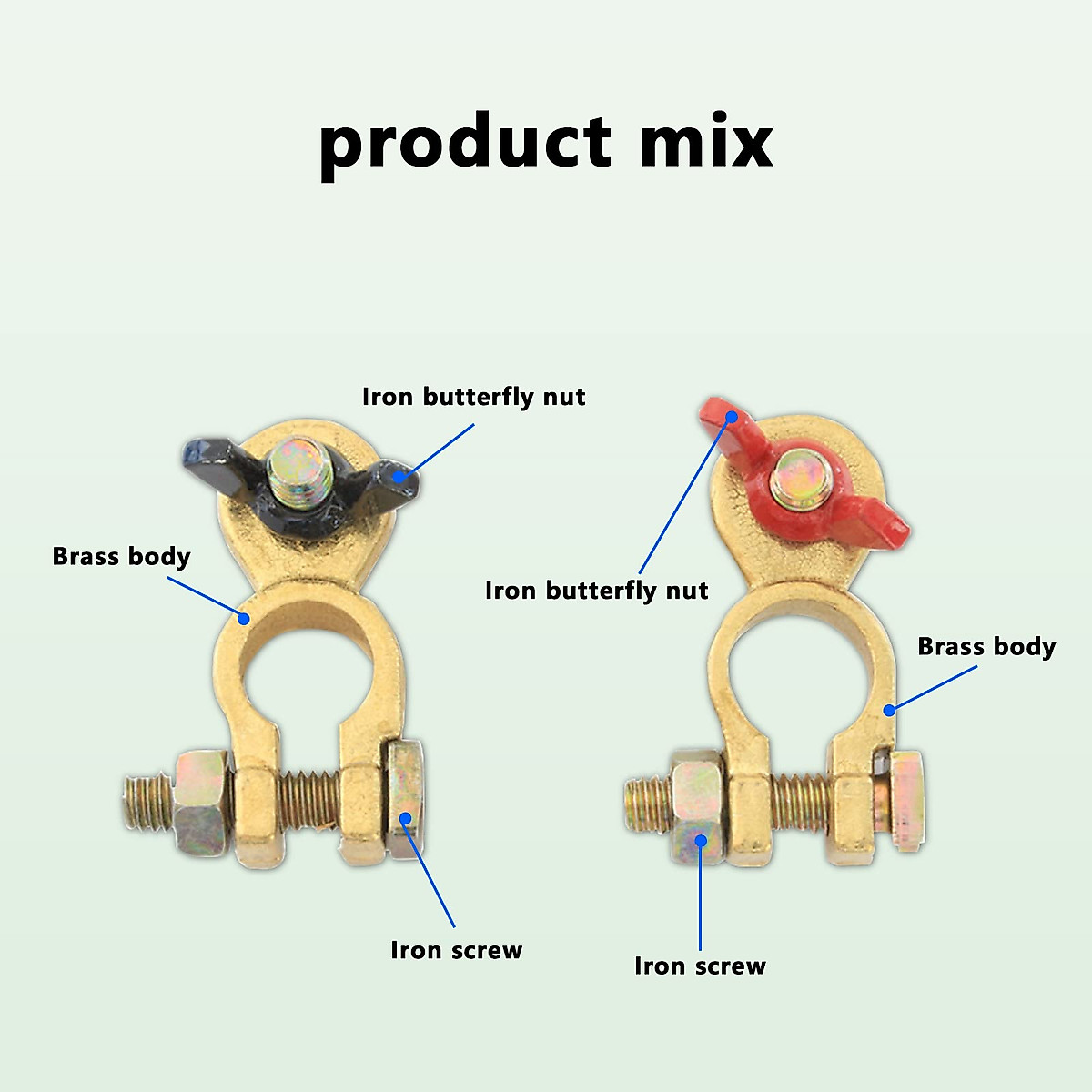 cueclue Pack-2 Cable Stake Terminal, 56mm x 36mm/2.2" x 1.4" Brass Marine Grade Cable Terminal Top Post, Iron Screws Cable Clamp for Most Cars SUV and Trucks (Gold)