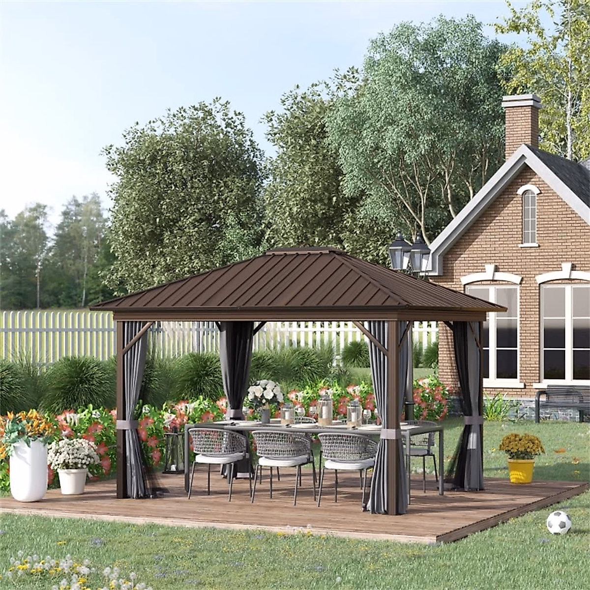 TBGFPO 10' X 12' Outdoor Hardtop Gazebo with Aluminum Frame, Metal Roof Gazebo Canopy with Curtains and Netting