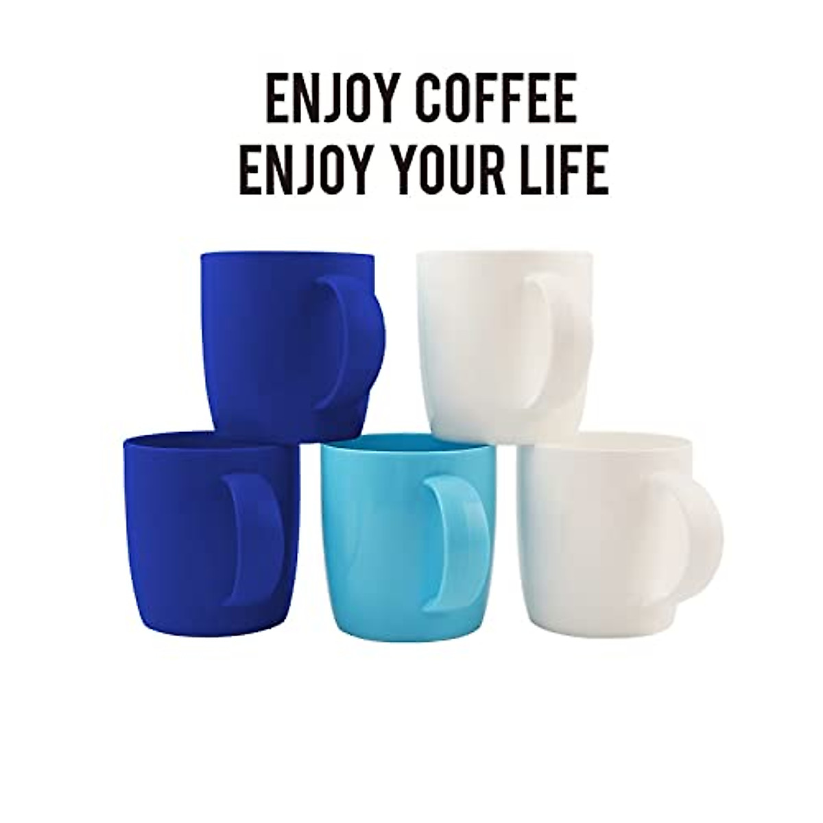 fulong Reusable Plastic Drinking Cup with Handle, BPA Free Microwave & Dishwasher Safe Food Grade PP 13 Ounce Coffee & Milk Mug Set of 5 (Blue)