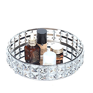 Feyarl Crystal Perfume Vanity Makeup Tray Mirrored Ornate Jewelry Trinket Tray Organizer Sparkly Bling Cosmetic Skin Care Decorative Tray with Glass Bottom Surface for Home Decor Dresser Desktop