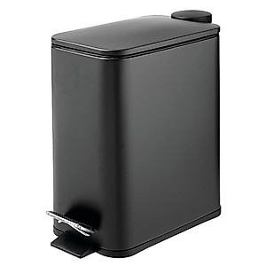 mDesign Slim Metal Rectangle 1.3 Gallon/5 Liter Trash Can with Step Pedal, Easy-Close Lid, Removable Liner - Narrow Wastebasket Garbage Container Bin for Bathroom, Bedroom, Kitchen - Black