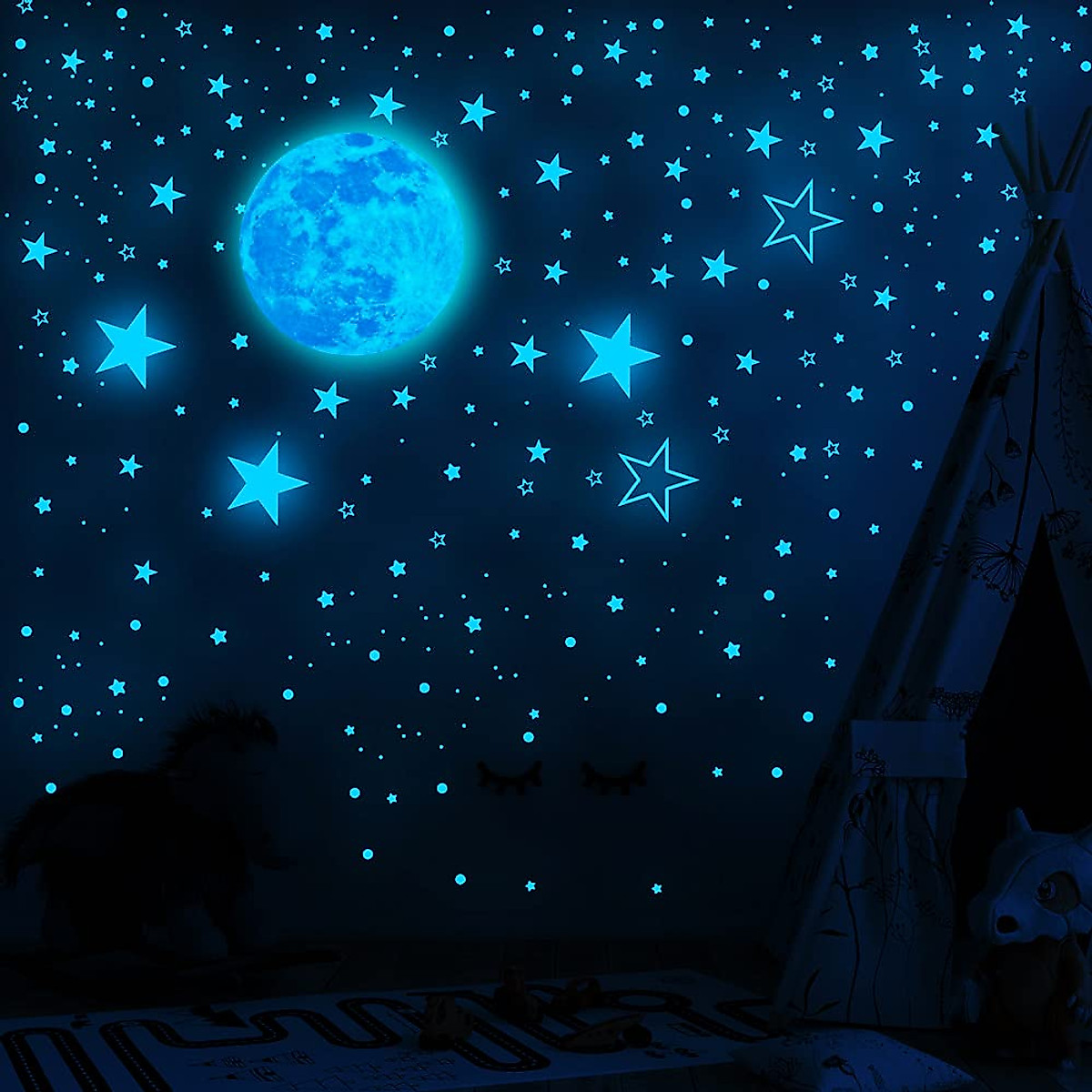 1049Pcs Glow in The Dark Stars and Moon for Ceiling, Wall Bedroom Chirldren's Room Stickers Decals Decor, Boys & Girls' Gifts (Stars and Moon of Blue Light)