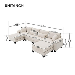 KEVINSPACE 133" Modular Sectional Sofa for Living Room Convertible U/L Shaped Sofa Couch Reversible Sofa Couch Modular Sectionals with Ottomans, 6 Seat Oversized Sofa Couch Sleeper Sofa Bed Beige