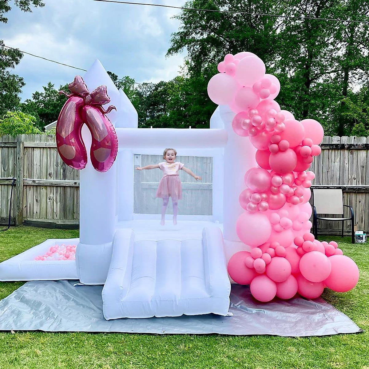 White Bounce House, Castle Theme Kids Inflatable Trampoline with UL Blower, Durable and Easy to Set up, Safe and Fun for Active Kids.