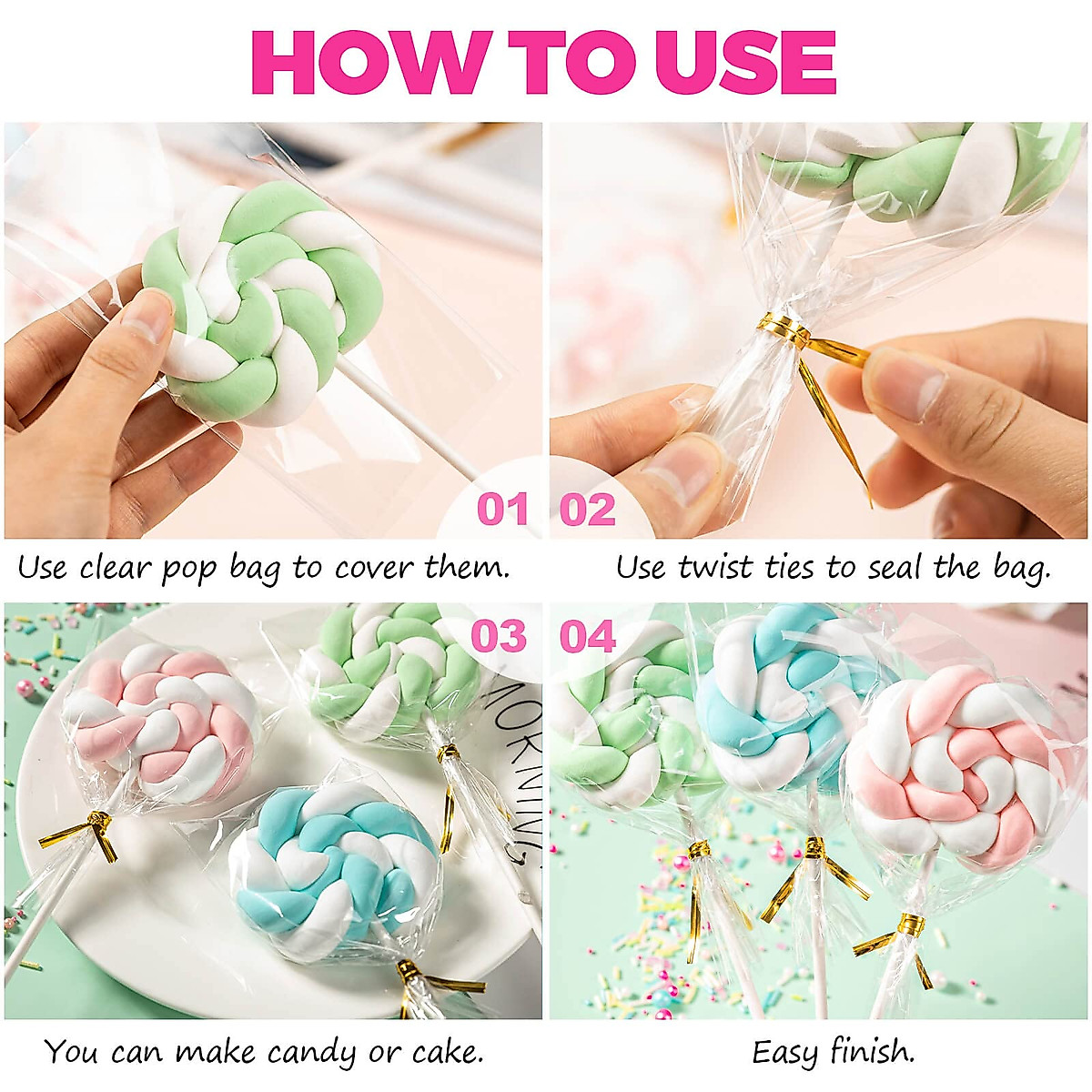 600Pcs Lollipop Stick, 6IN Cake Pop Sticks with Clear Treat Bags & Gold Twist Ties, Cake Pops Making Tools for Lollipops, Candies, Chocolates Cookies (A)