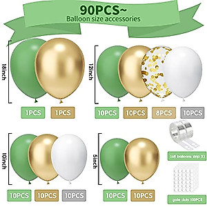 RHGBINLI Sage Green Gold Balloon Garland Kit 90pcs 18Inch 12Inch 10Inch 5Inch with Olive Green Metallic Chrome Gold and Gold Confetti Balloons for Bridal Shower Birthday Party Graduation Decorations