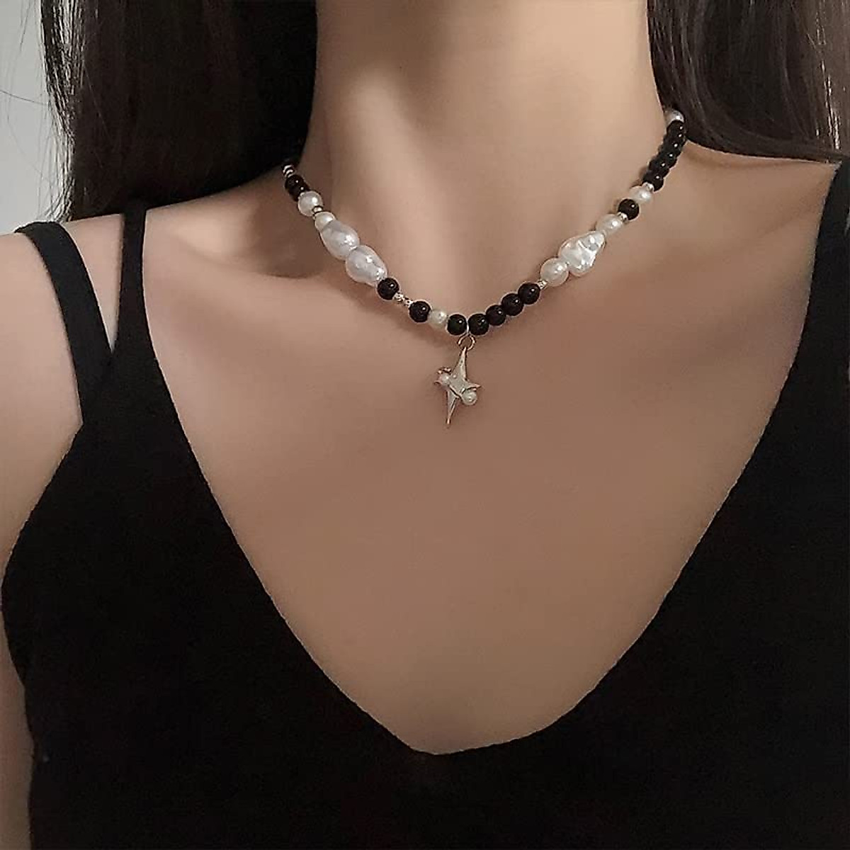 Punk Star Pendant Baroque Pearl Necklace for Women Asymmetric Black White Beads Necklace Choker Jewelry Gift (Style 1)