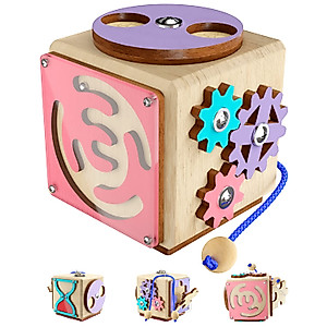 Timo Toys Incredibly Educational Busy Cube, Activity Cube, Wooden Sensory Toys, Busy Board, Toddler Toys, Baby Toys, Montessori Toys for 1 Year Old and Up, Baby Girl Gifts Boy (Coral)