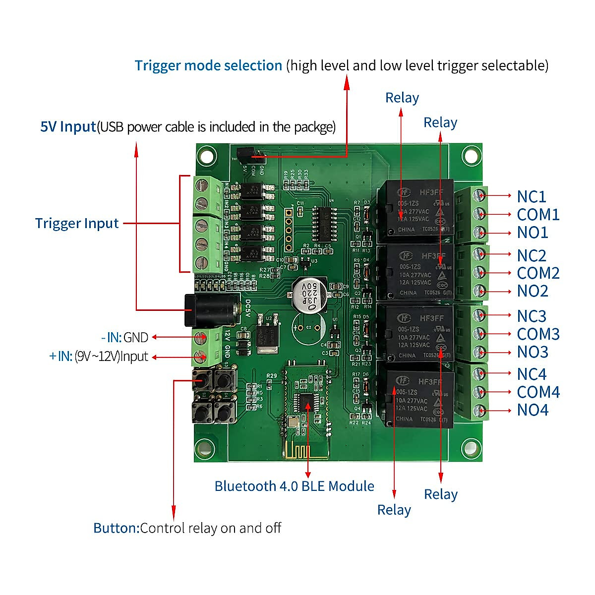DSD TECH 4 Channels Bluetooth Relay Module for Remote Control Switch Compatible with iPhone and Android 4.3 (12V)